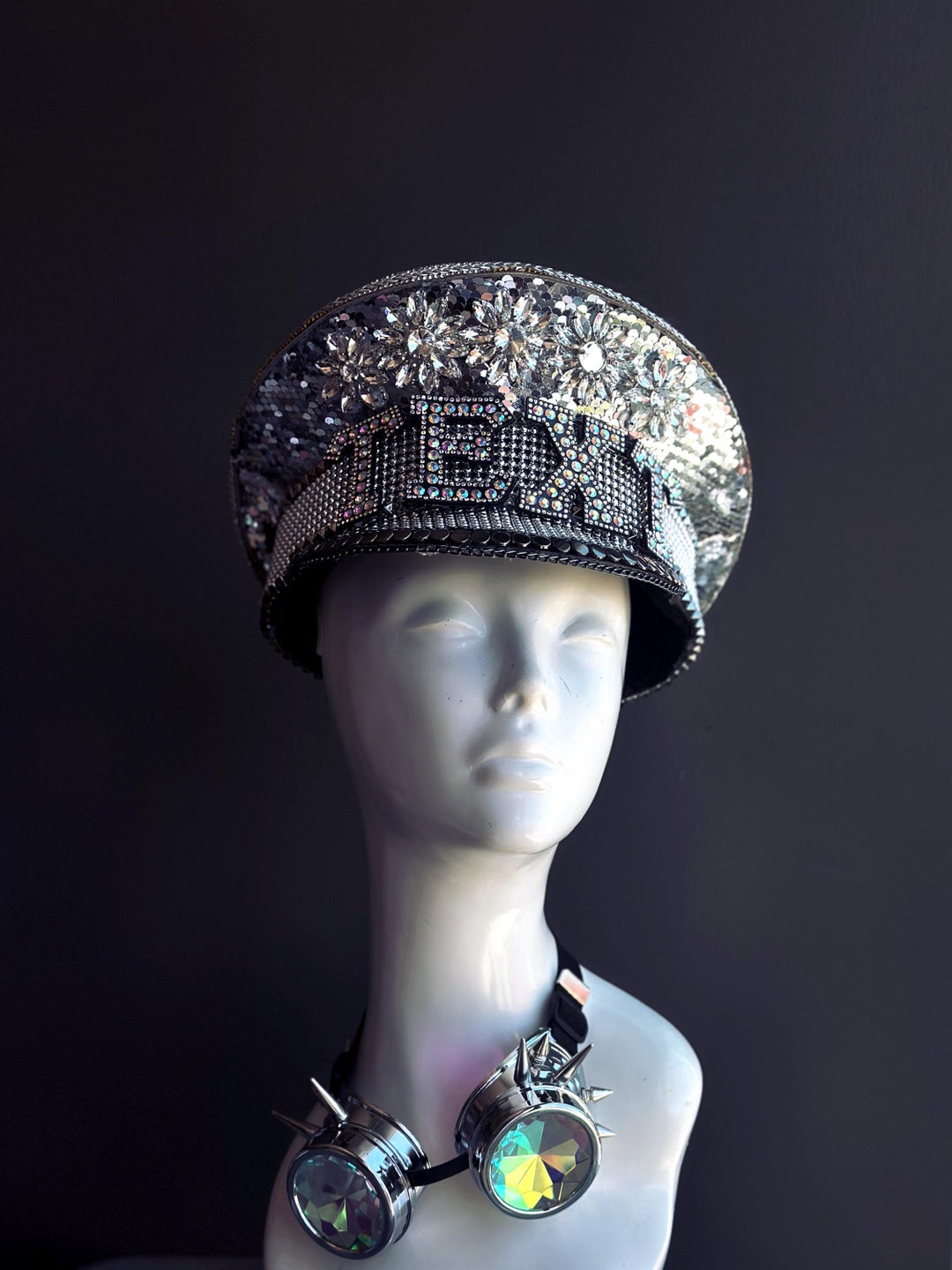 Silver Rave Captain Hat With Steampunk Goggles, Silver Sequin Head Wear ...