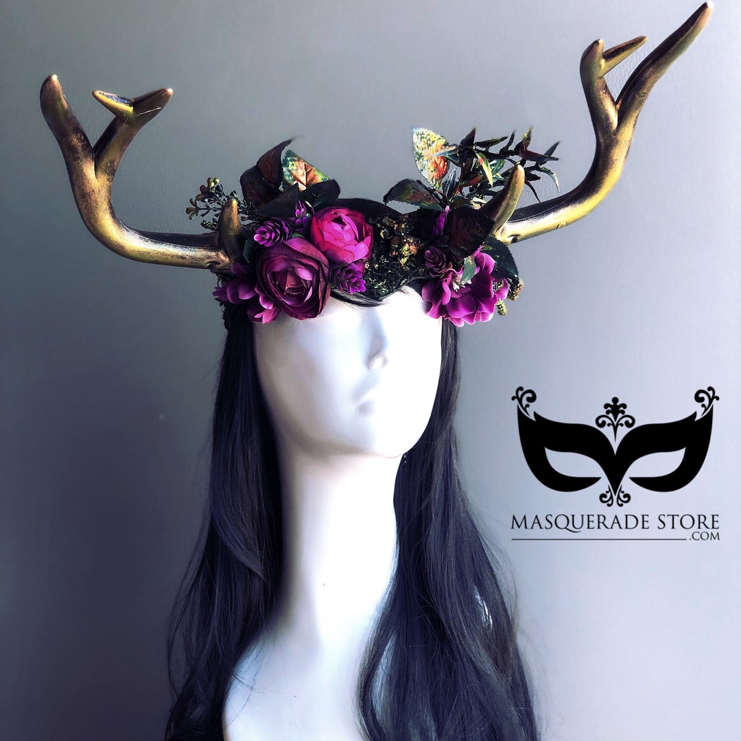 Enchanted Headpiece With Horns, Floral Nature Deer Antler Headdress ...