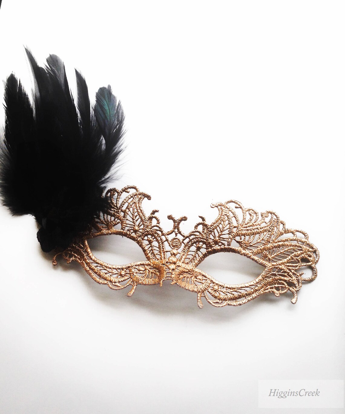 Feather Lace Mask Gold Masquerade Mask Black Feathers - Etsy
