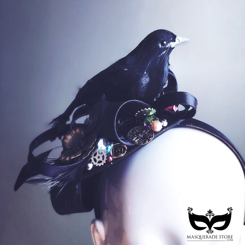 Black Witches Hat Crow Fascinator Hat Halloween Raven Hat Crow Trinkets ...