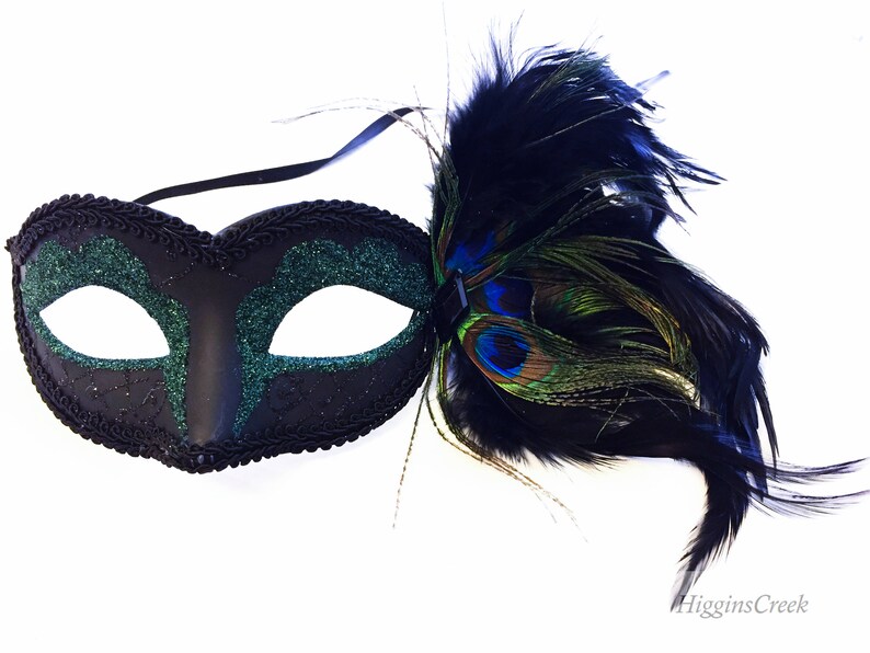 Emerald Green Masquerade Feather Mask Masquerade Dark Green Etsy