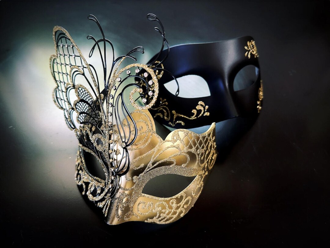 Black Gold Butterfly Filigree Masquerade Mask Couples Set With ...
