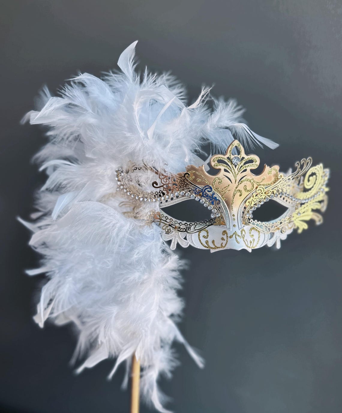 Blue Feather Mask on Stick Masquerade Mask Women Prom Wedding Birthday ...