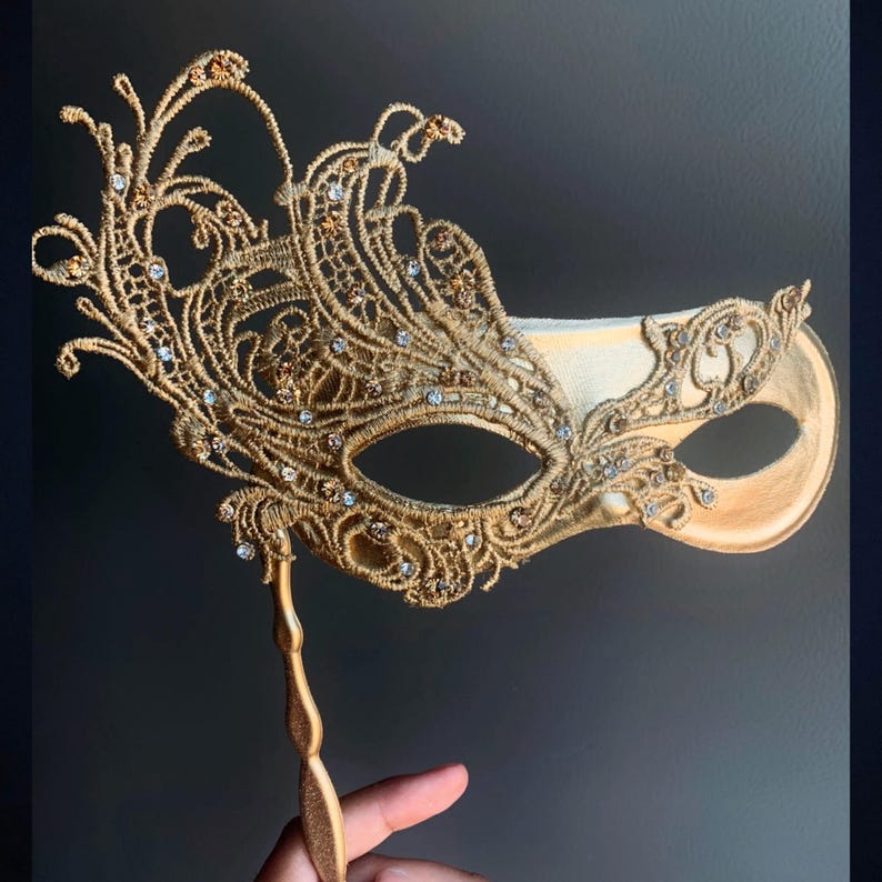 Luxury Gold Masquerade Mask Women Holding Stick Mask, Womens Masquerade ...