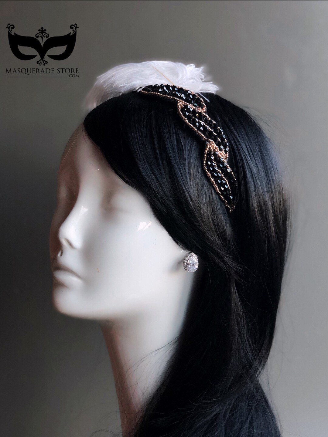 Black White Beaded Headband, White Feather Headpiece, Flapper Girl ...