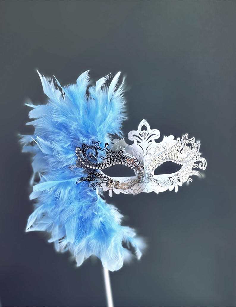 Silver Masquerade Mask With Stick Green Feather Mask Womens Masquerade ...