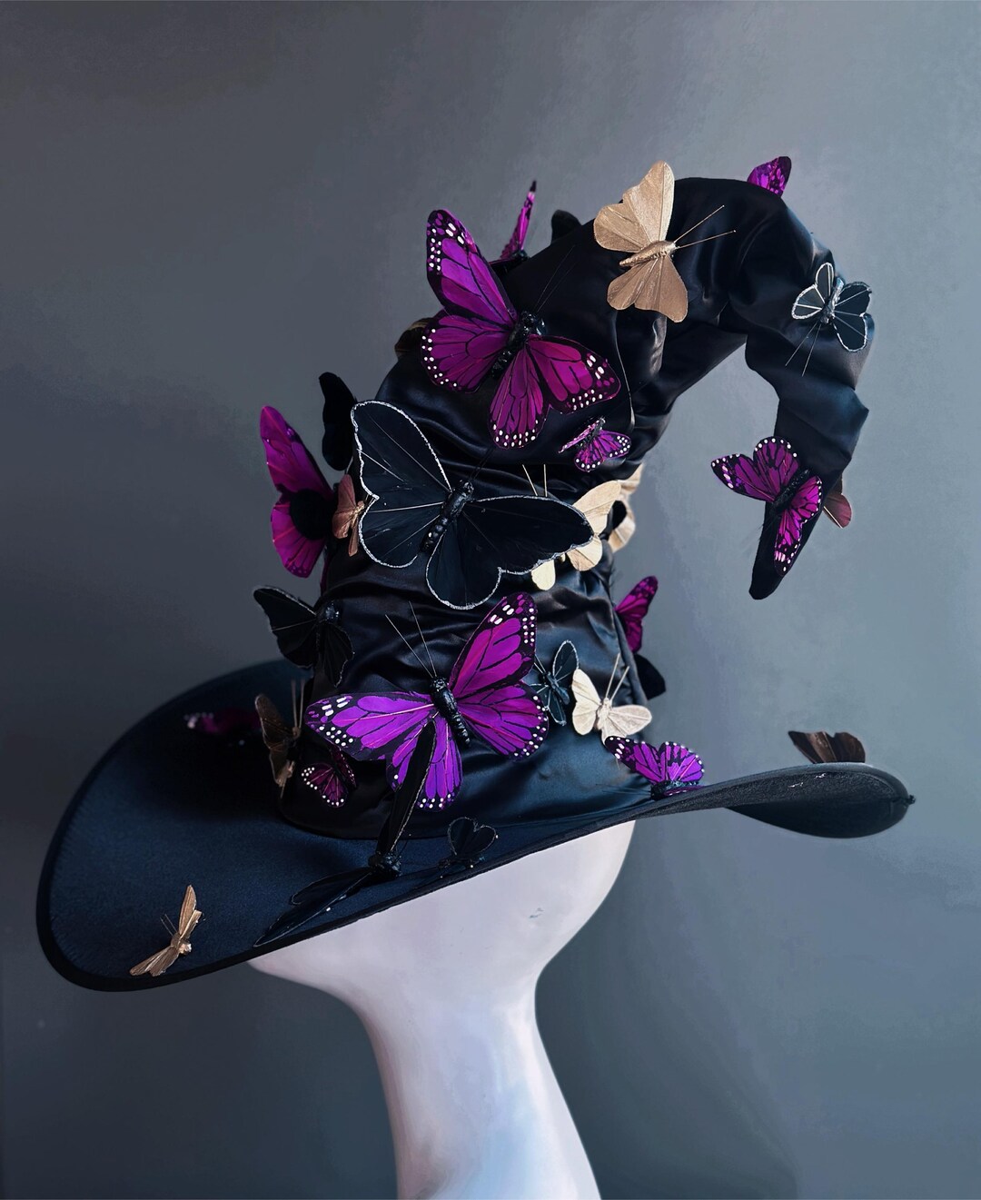 Butterfly Witch Hat – Black Satin Halloween Hat With Purple & Gold ...