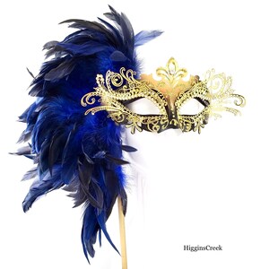 Blue Feather Mask on Stick Masquerade Mask Women Prom Wedding Birthday ...