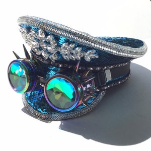 Silver Rave Captain Hat With Steampunk Goggles, Silver Sequin Head Wear ...