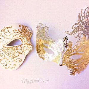 Couples Gold Mask Set, White and Gold Mens Mask, Womens Gold Masquerade ...