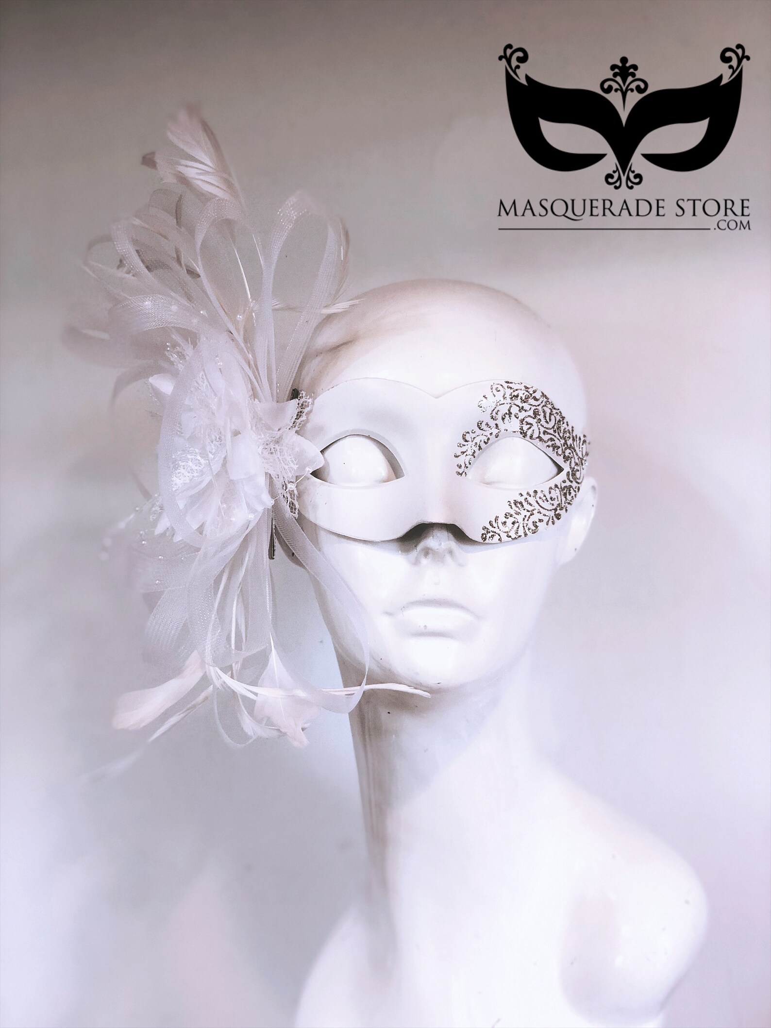 Bridal Masquerade Women Mask White Floral Feather Mask Bride to Be ...