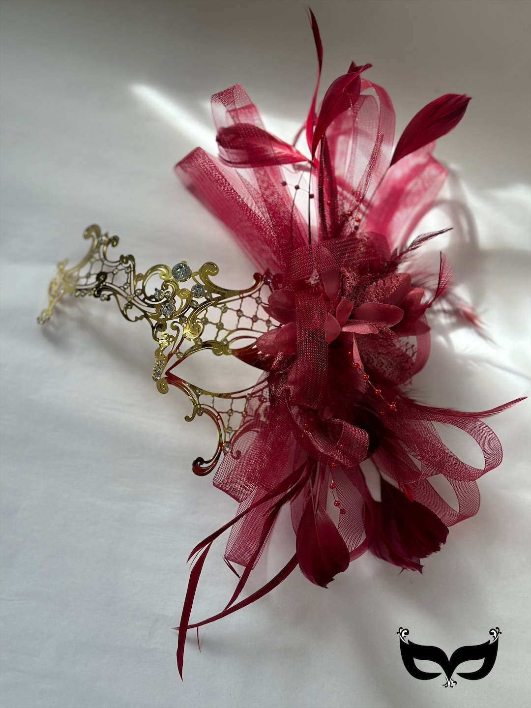 Gold Metal Filigree Mask With Red Feathers and Tulle Masquerade Ball ...
