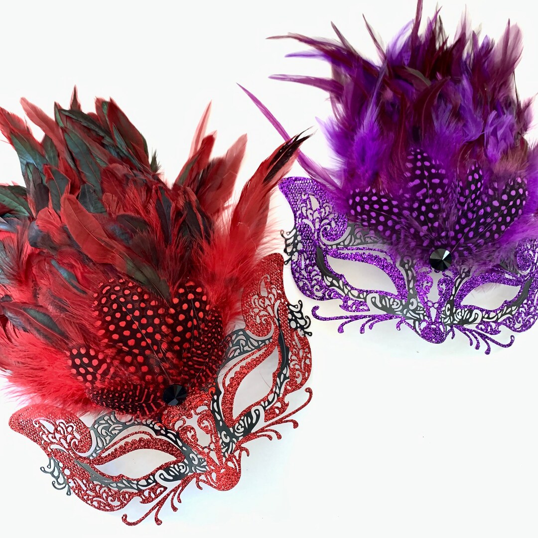 Red Feather Masquerade Mask Women Fox Design Sparkling Glitter for ...