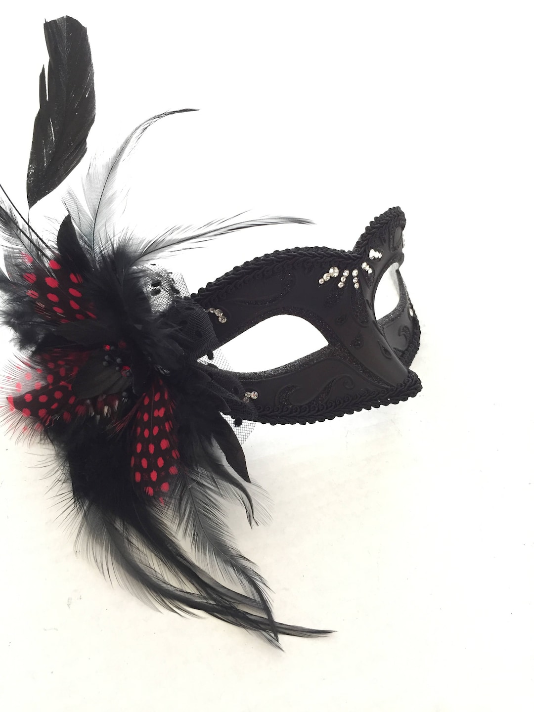 Red Polka Dot Feather Masquerade Mask, Venetian Feather Masks, Red Prom ...