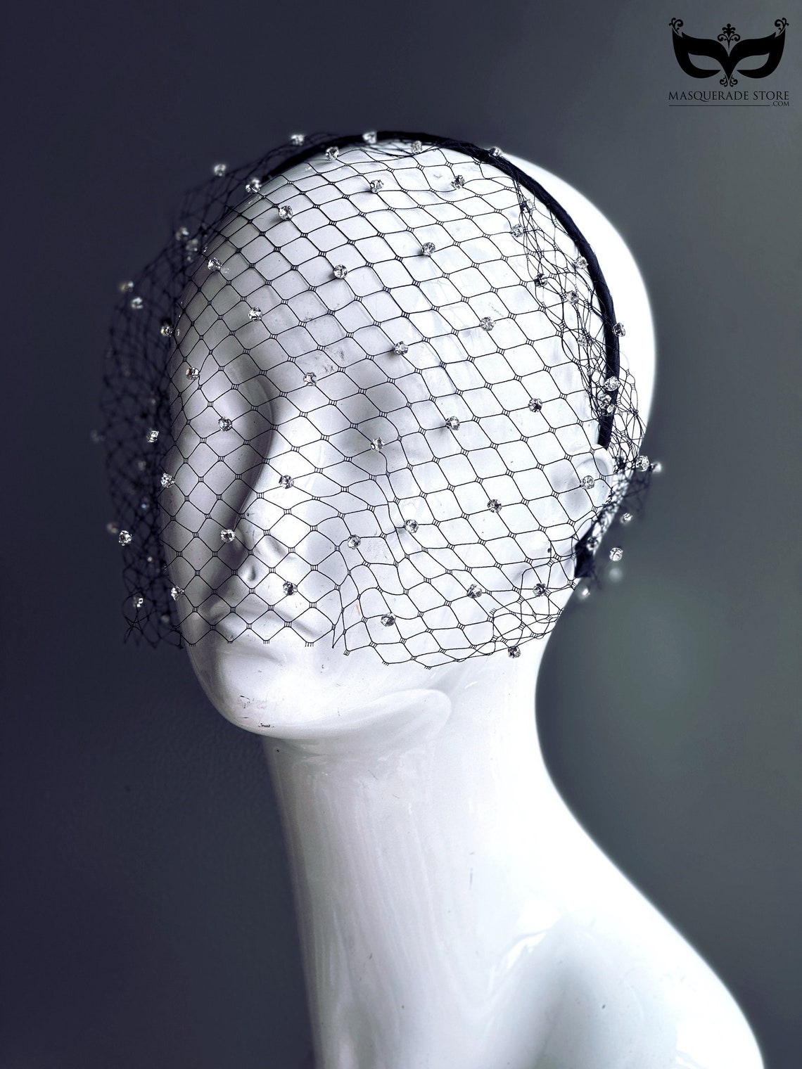 Black Fishnet Veil With Diamonds, Diamond Veil, Womens Masquerade Mask ...