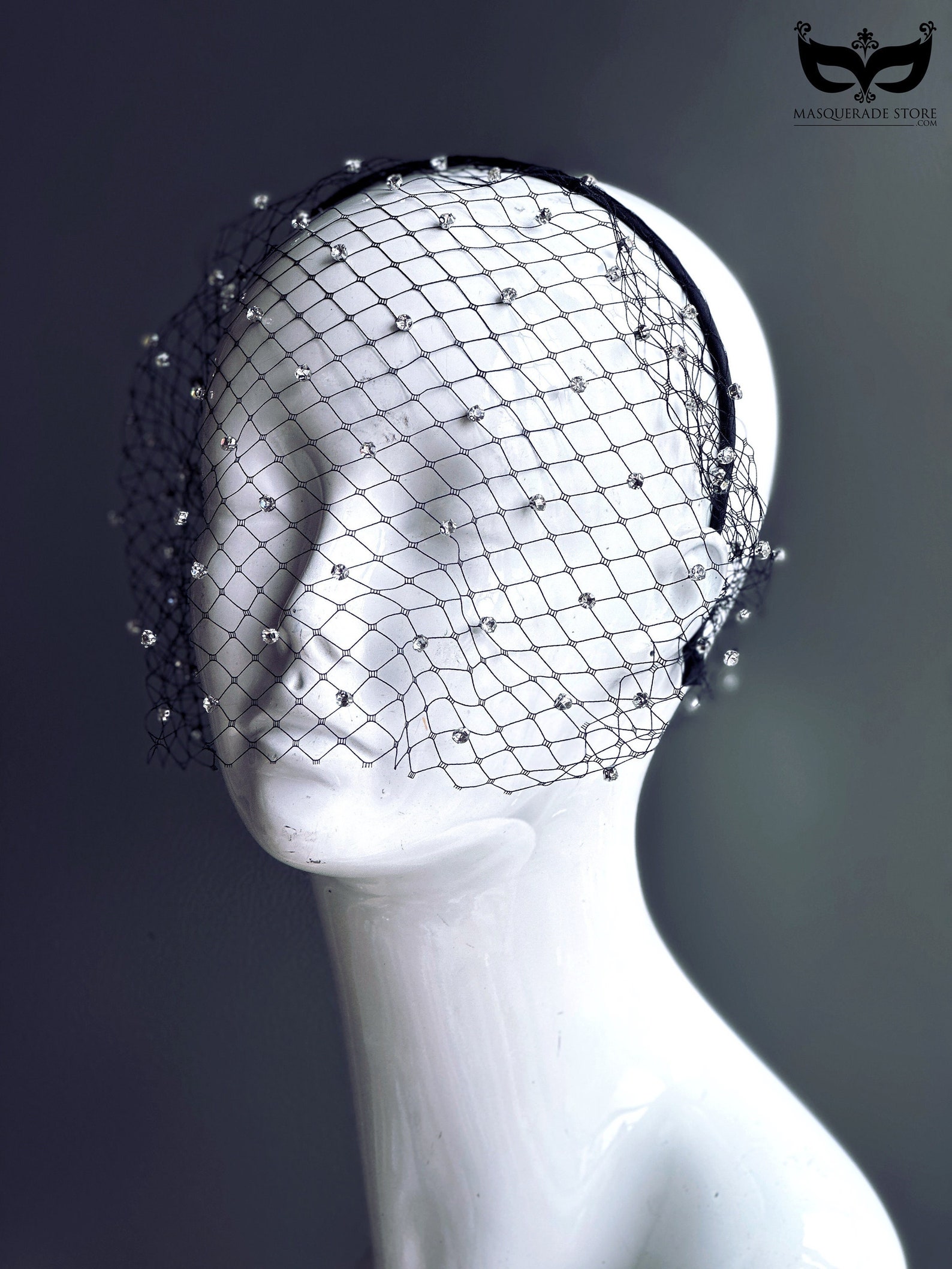 Black Fishnet Veil With Diamonds, Diamond Veil, Womens Masquerade Mask ...
