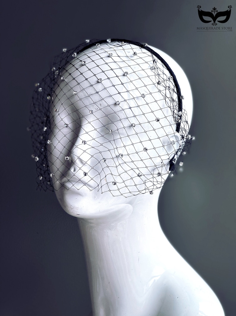 Black Fishnet Veil With Diamonds, Diamond Veil, Womens Masquerade Mask ...