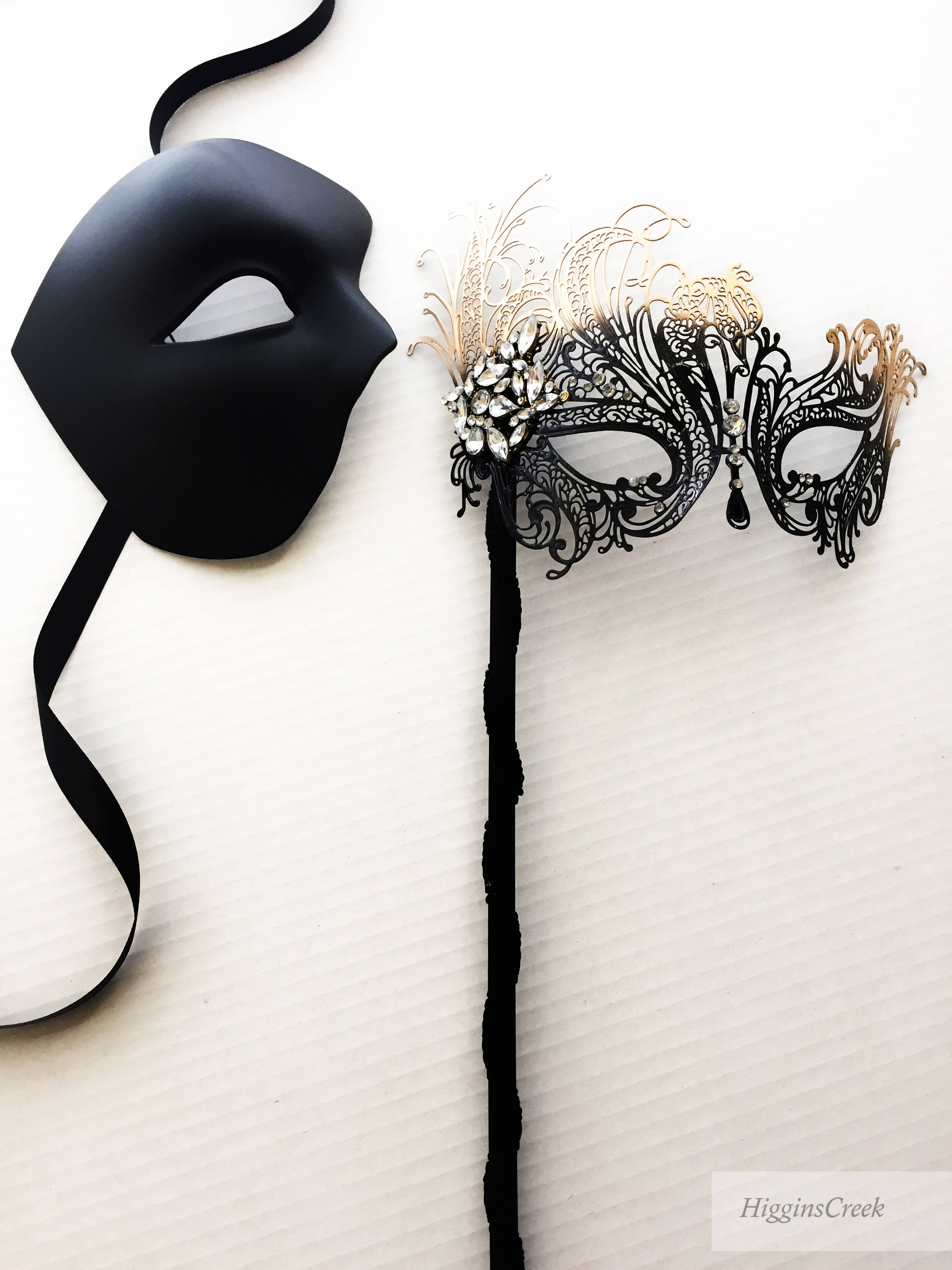 Black Gold Masquerade Masks Couples Stick Masks Handheld Couples ...