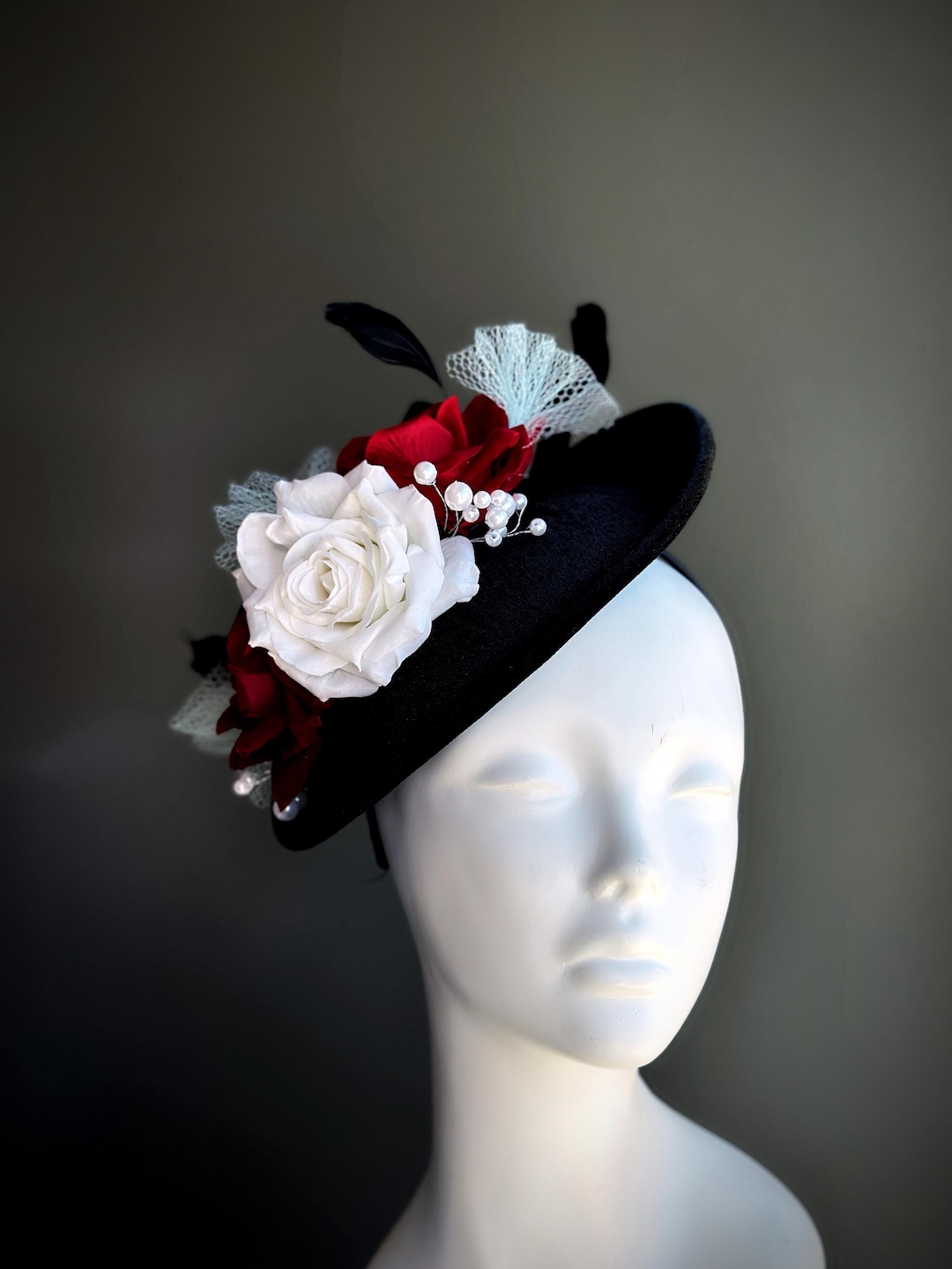 Vintage Fascinator Hat Red Rose Headpiece Black Tea Party Hat Wedding ...