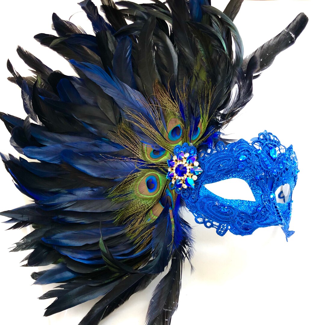 Royal Blue Masquerade Mask Women Feather Mask Blue Feather Party Mask ...