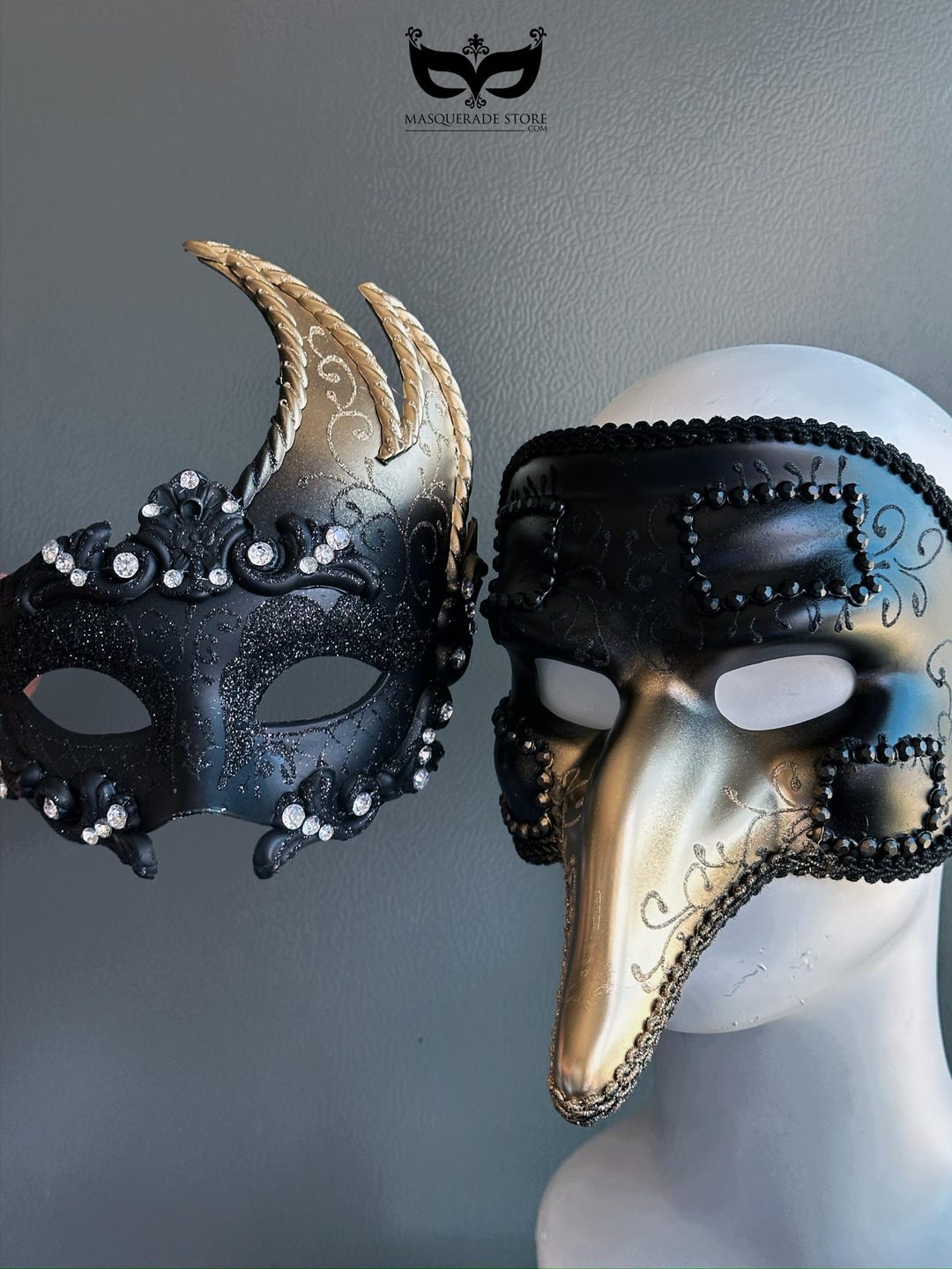 Black and Gold Couples Masquerade Masks With Rhinestones, Plague Doctor ...