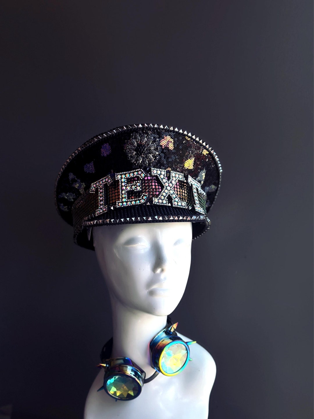 Black Holographic Captain Hat Holographic Goggles Sequin Hat Unisex ...