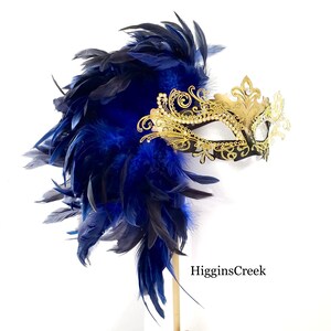 Blue Feather Mask on Stick Masquerade Mask Women Prom Wedding Birthday ...