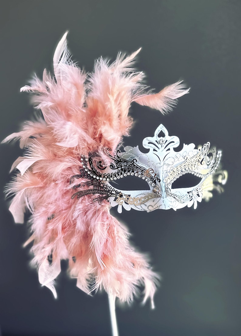 Pink Feather Masquerade Mask With Stick Womens Stick Mask Masquerade ...