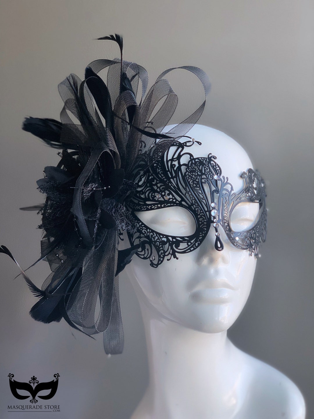Black Luxury Mask, Black Masquerade Party Mask, Rhinestone Mask ...