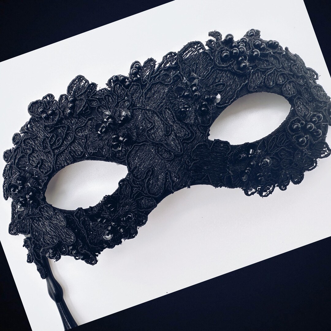 Black Handheld Masquerade Mask for Women - Beaded Lace Overlay on Stick ...