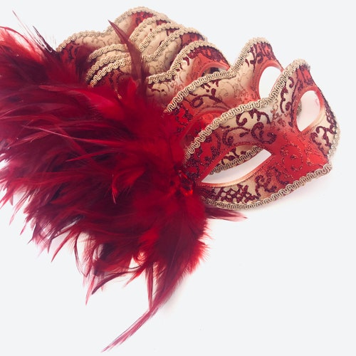 Red Masquerade Mask Women Feather Venetian Ball Mask Christmas - Etsy