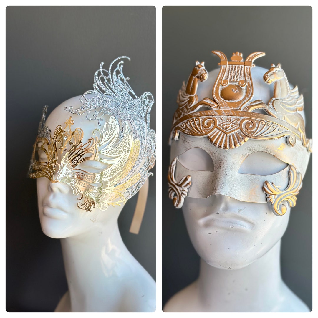 White Gold Masquerade Masks for Couples - Roman God Warrior Mens Mask ...