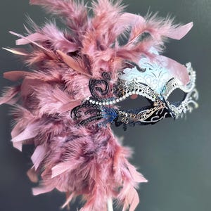 Pink Feather Masquerade Mask With Stick Womens Stick Mask Masquerade ...
