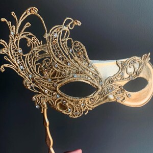 Luxury Gold Masquerade Mask Women Holding Stick Mask, Womens Masquerade ...