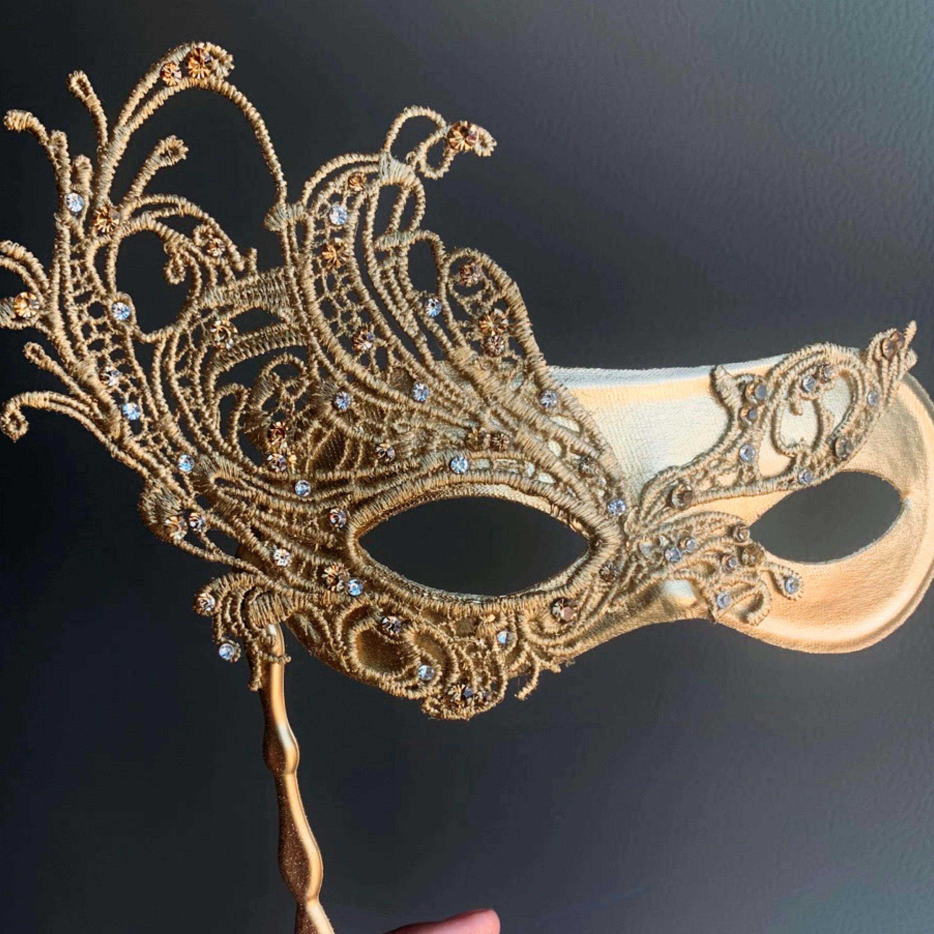 Luxury Gold Masquerade Mask Women Holding Stick Mask, Womens Masquerade ...