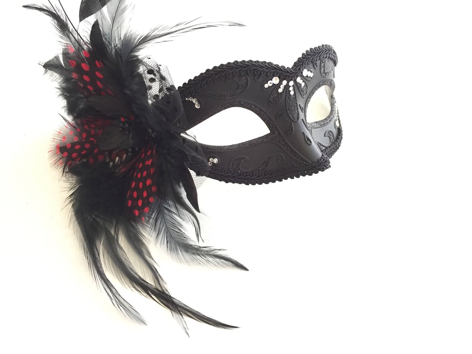 Red Polka Dot Feather Masquerade Mask, Venetian Feather Masks, Red Prom ...