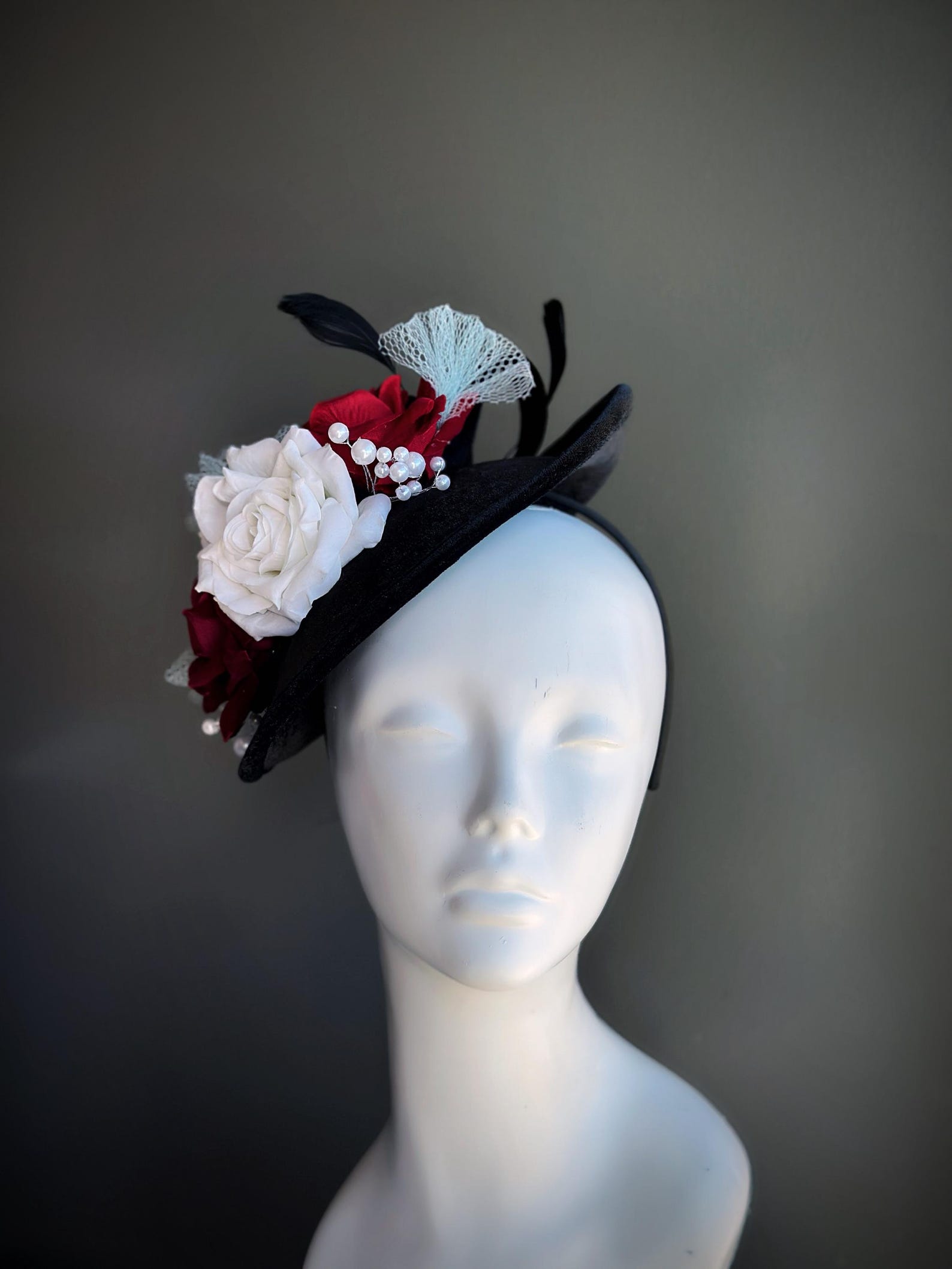 Vintage Fascinator Hat Red Rose Headpiece Black Tea Party Hat Wedding ...