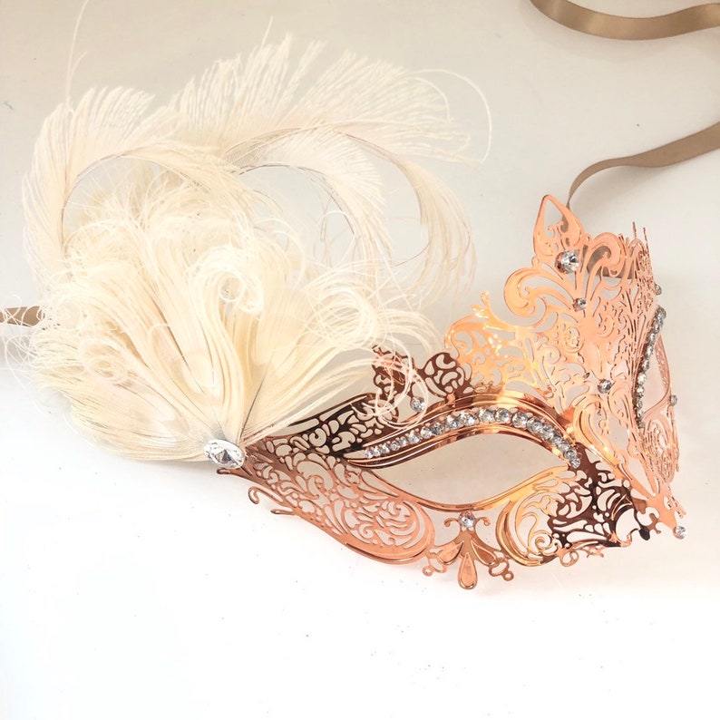 Rose Gold Masquerade Mask Feathers Masquerade Mask for Women - Etsy