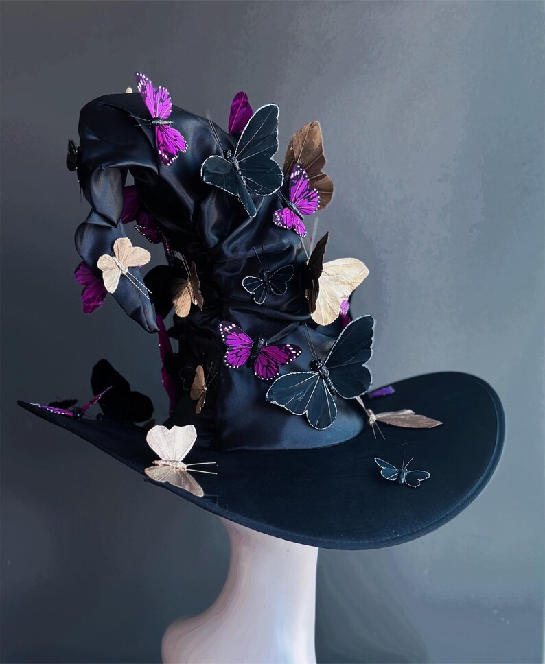 Butterfly Witch Hat – Black Satin Halloween Hat With Purple & Gold ...