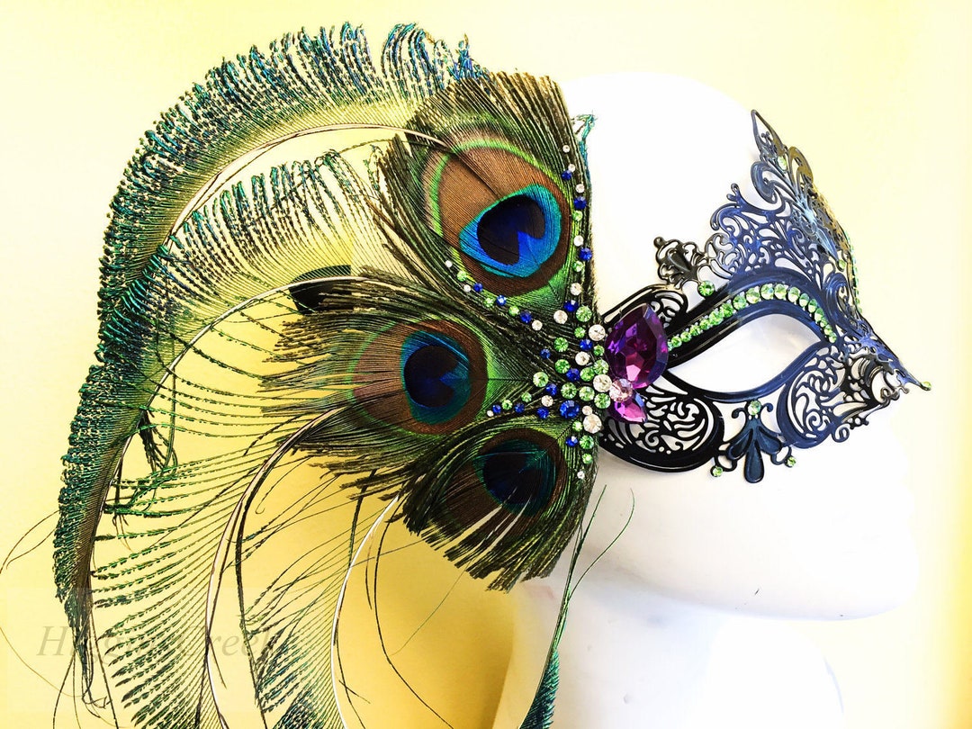 Peridot Green Theme Masquerade Mask With Peacock Feathers, Womens ...