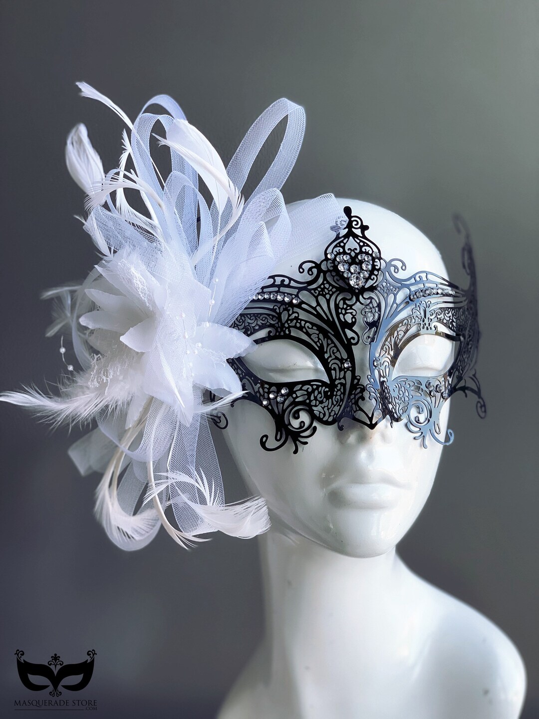 Black Masquerade Mask With White Feathers for Masquerade Balls and ...