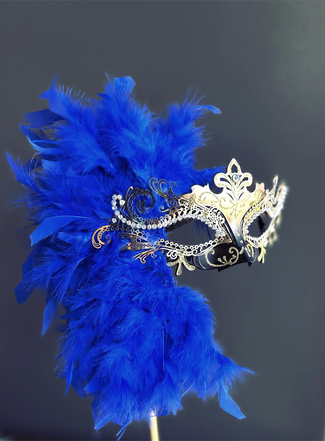 Blue Feather Mask on Stick Masquerade Mask Women Prom Wedding Birthday ...