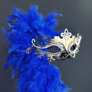 Blue Feather Mask on Stick Masquerade Mask Women Prom Wedding Birthday ...