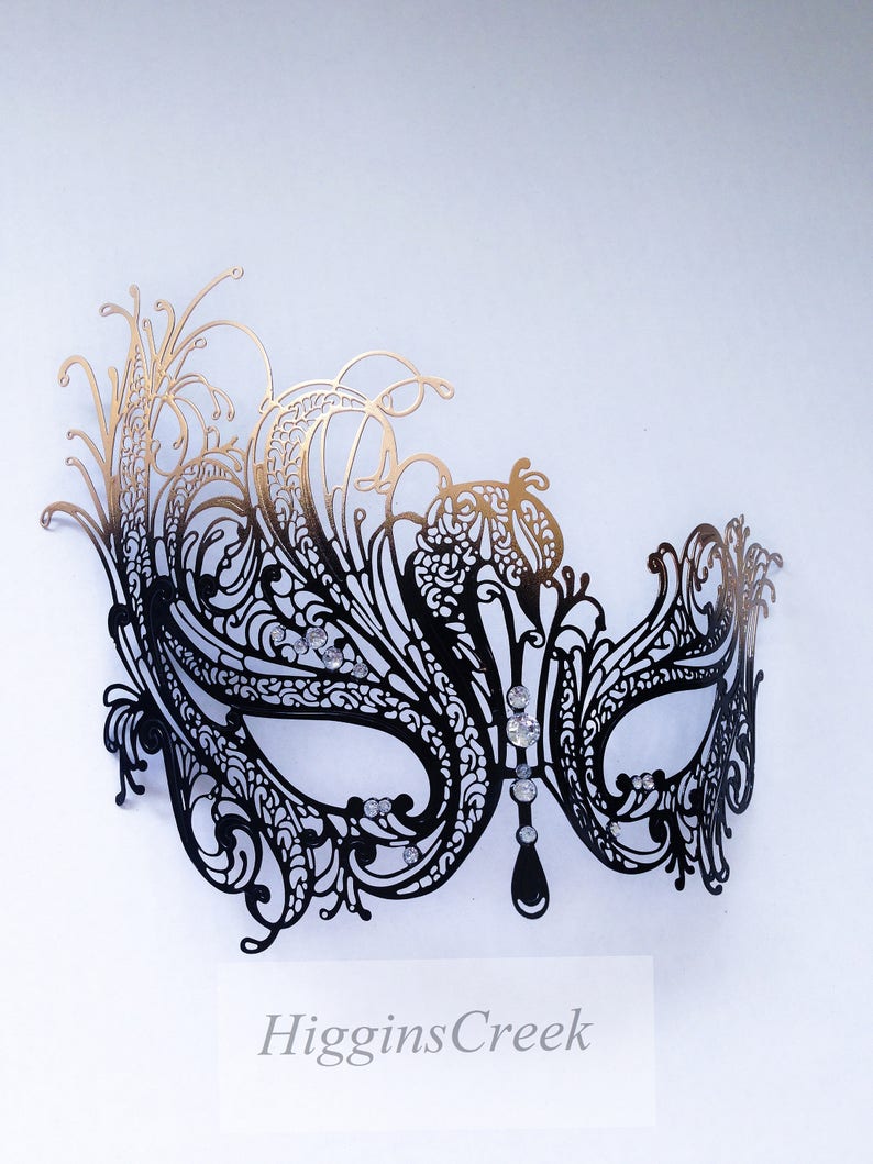 Black and Gold Metal Filigree Masquerade Mask With Crystals - Etsy