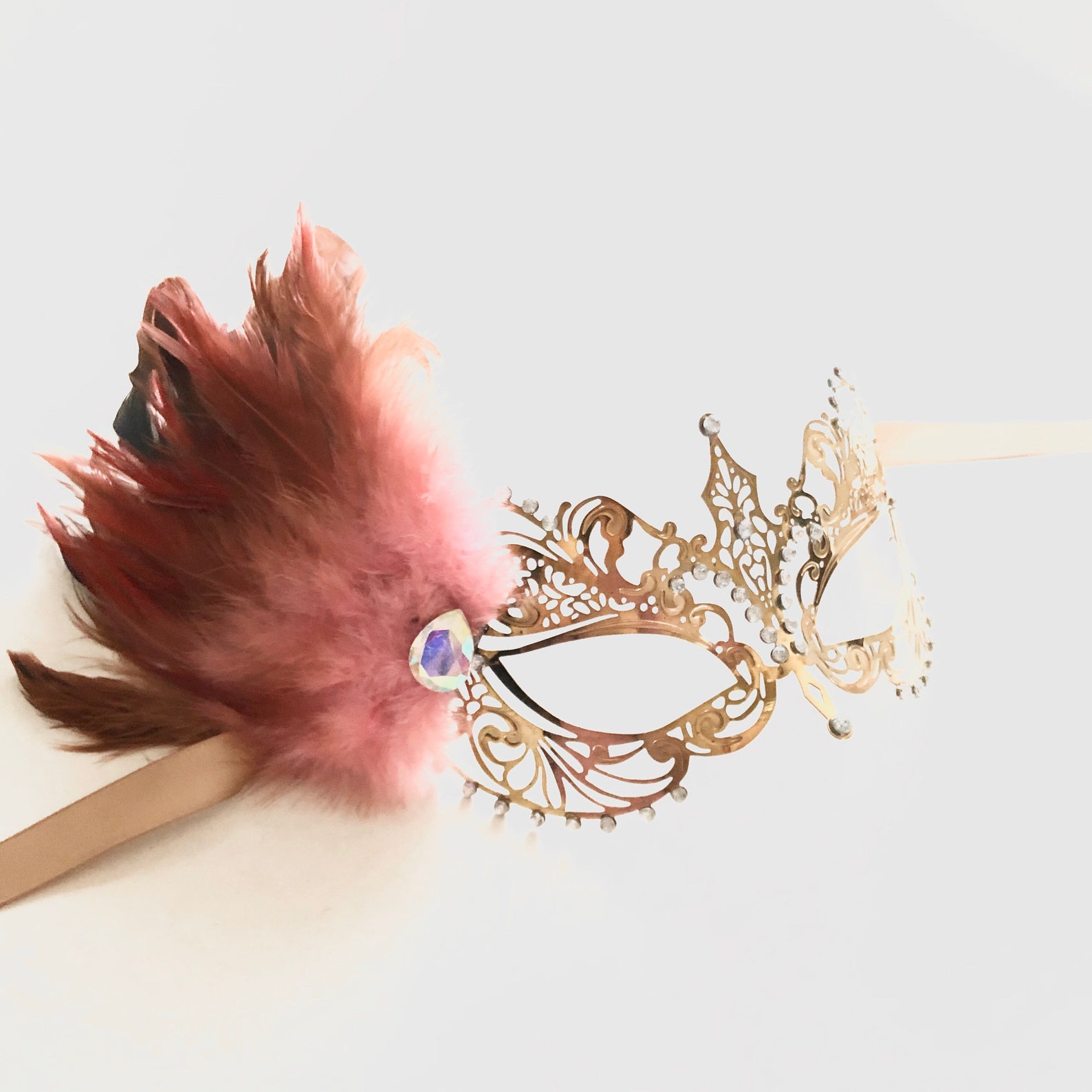 Light Pink Masquerade Mask Woman, Pink Feather Masquerade Mask, Pink ...