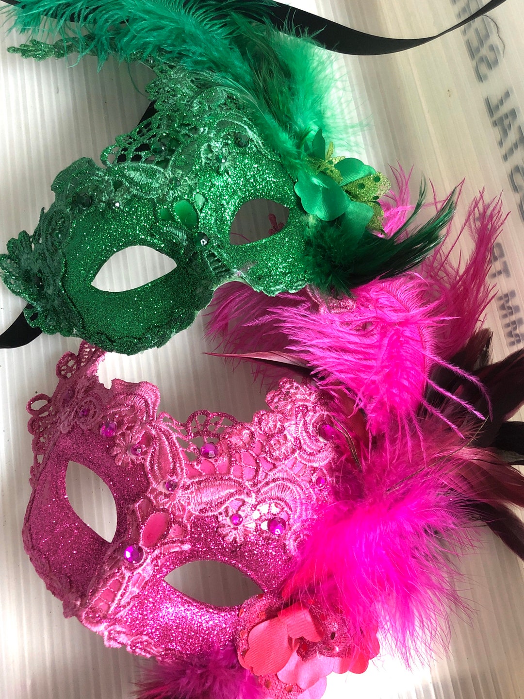 Carnival Mask Green Bright Pink Feathered Masquerade Masks, Masquerade ...