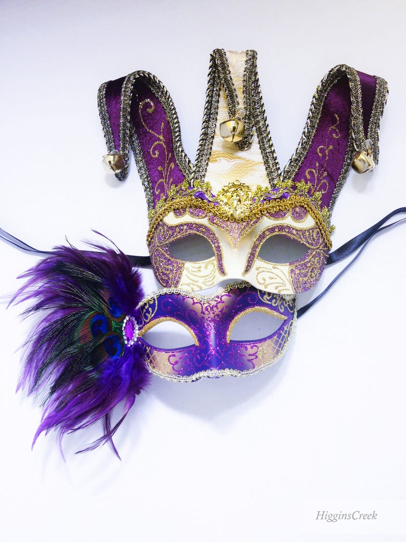 Masquerade Couples Party Masks - Jester & Mardi Gras Feather - Etsy