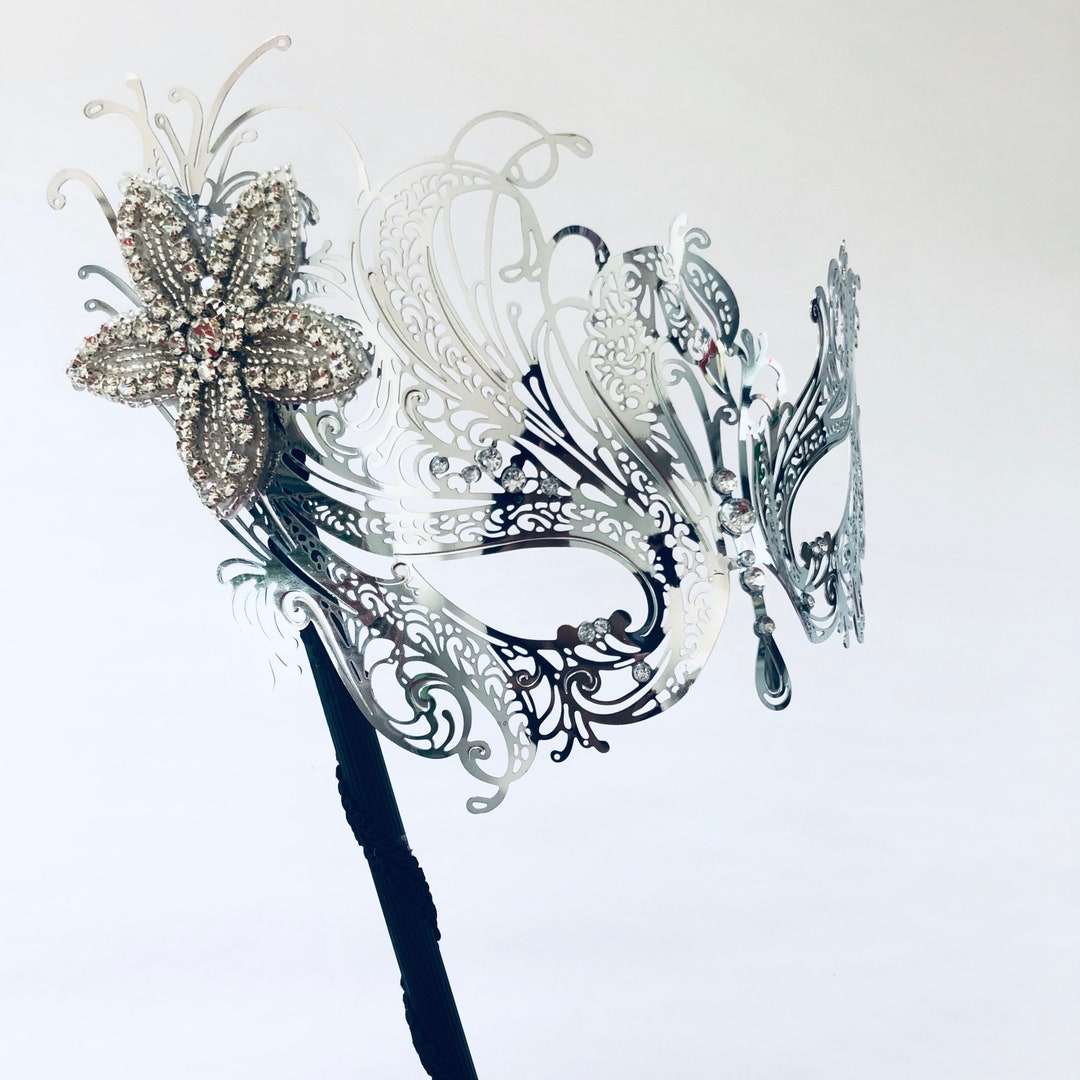 Silver Masquerade Mask Woman Silver Party Mask Stick Mask Handheld ...