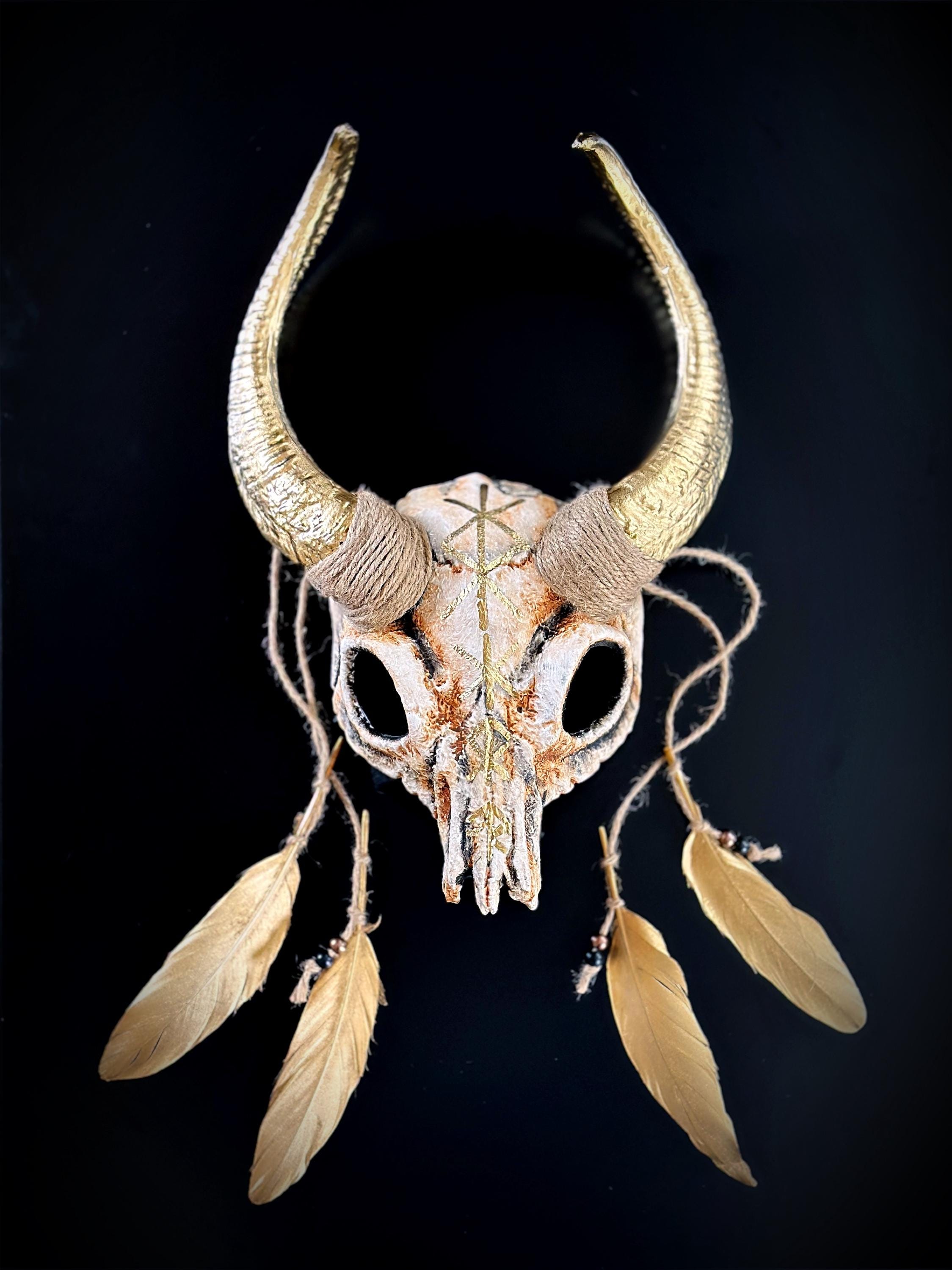 Ram Horn Headdress Animal Skull Headpiece Gold Headdress Viking Runes ...