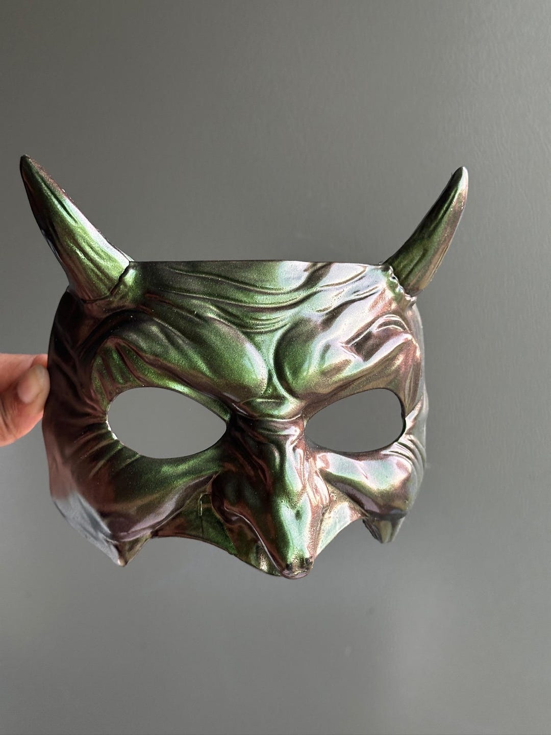 Color Shift Horned Masquerade Mask – Iridescent Green Bronze Devil Mask ...